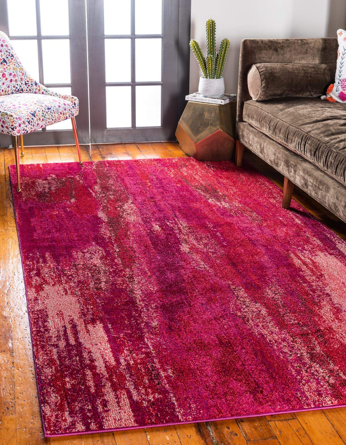 Unique Loom Jardin Collection Colorful, Vibrant, Abstract Watercolor Area Rug, 6' 1" x 9' Rectangle, Pink/Brown