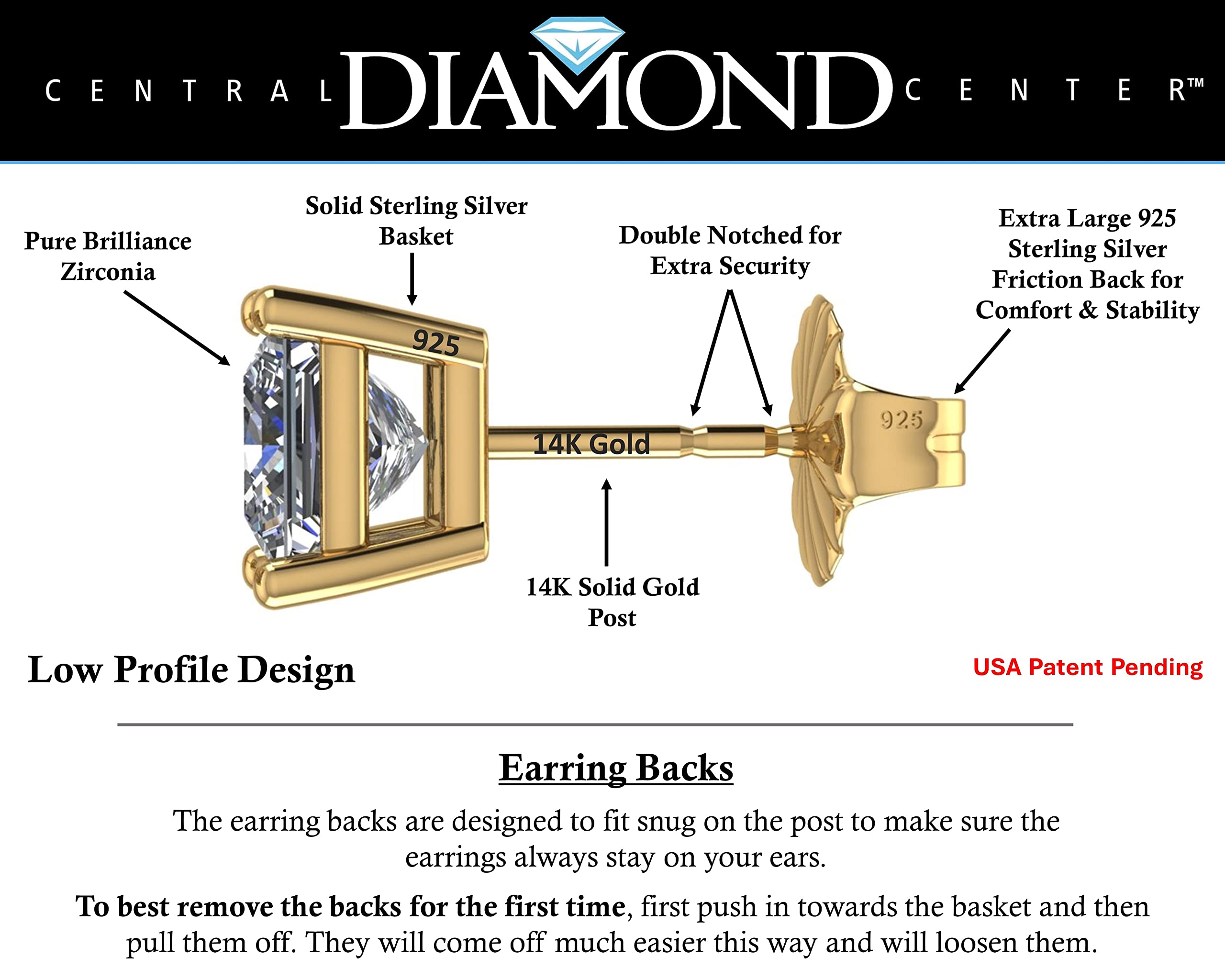 Central Diamond Center 14K Gold Posts & Sterling Silver Princess Cut CZ Stud Earrings - 5.5mm 2.00cttw - Yellow Gold Plated