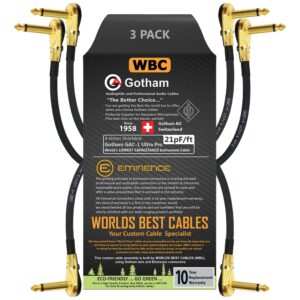 worlds best cables 3 units - 10 inch - gotham gac-1 ultra pro - low-cap (21pf/ft) guitar bass effects instrument, patch cable & gold (6.35mm) low-profile r/a pancake type connectors - custom made