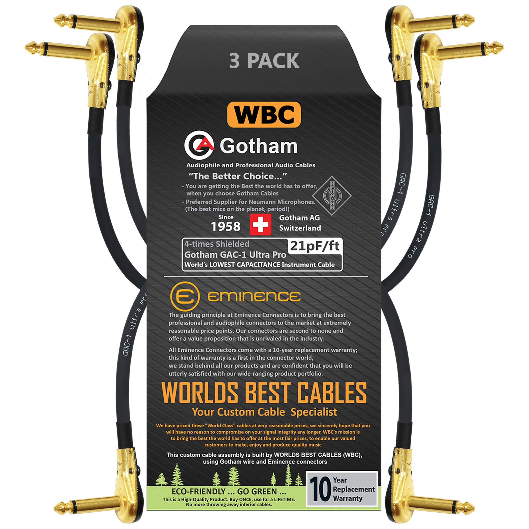 WORLDS BEST CABLES 3 Units - 10 Inch - Gotham GAC-1 Ultra Pro - Low-Cap (21pF/ft) Guitar Bass Effects Instrument, Patch Cable & Gold (6.35mm) Low-Profile R/A Pancake Type Connectors - Custom Made