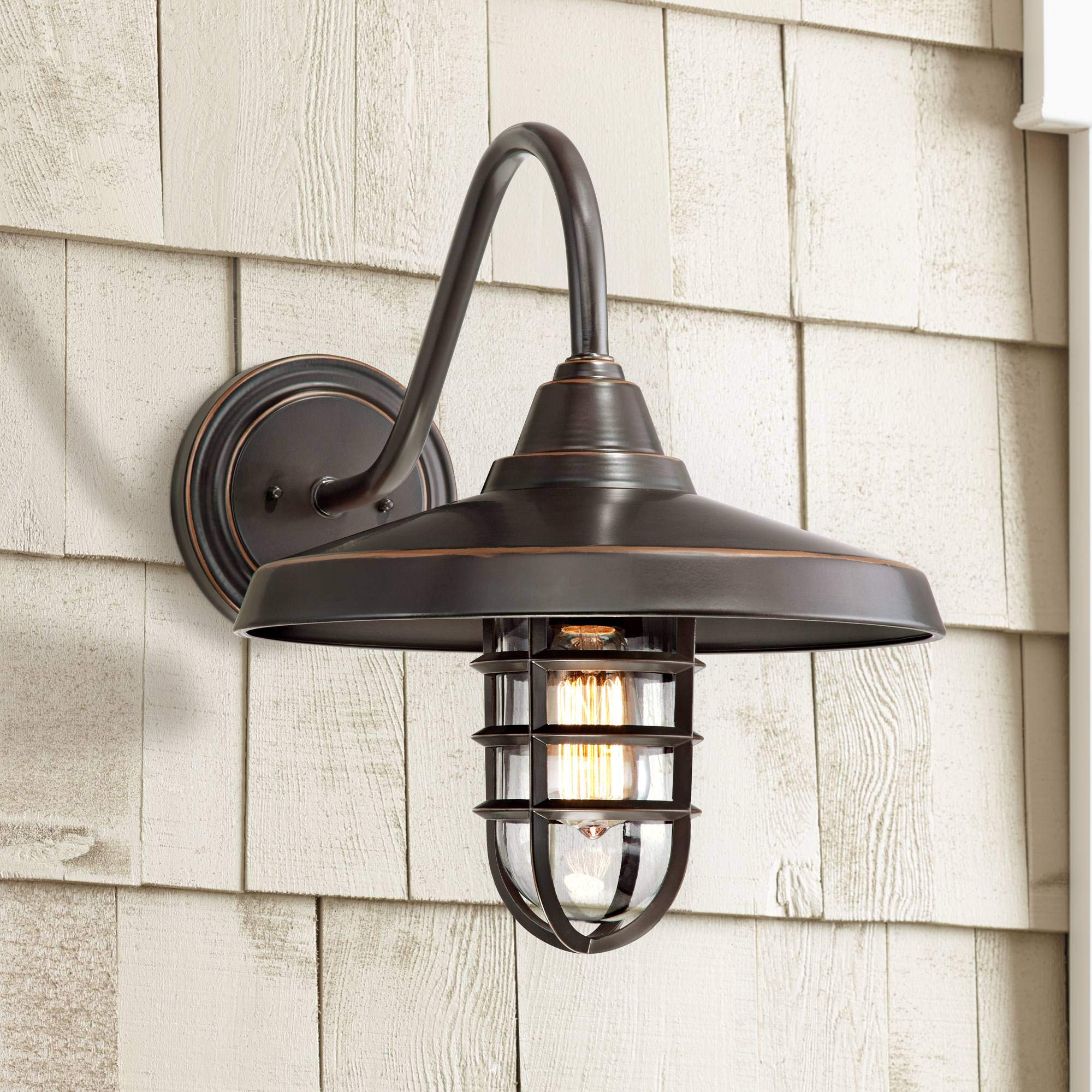 John Timberland Marlowe Rustic Industrial Farmhouse Outdoor Wall Light Fixture Painted Bronze Cage 16 3/4" Clear Glass for Exterior Barn Deck House Porch Yard Patio Outside Garage Front Door