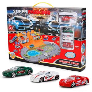 City Parking Garage Diecast Racing Track Set - Kids Toy Car Wash Vehicle Playset with Signs, Accessories and Metal Vehicles