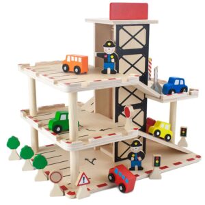 imagination generation downtown deluxe wooden parking garage ramp & service station playset with elevator, signs & accessories for mini toy cars (19 pcs)