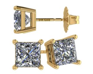 central diamond center 14k gold posts & sterling silver princess cut cz stud earrings - 5.5mm 2.00cttw - yellow gold plated