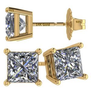 Central Diamond Center 14K Gold Posts & Sterling Silver Princess Cut CZ Stud Earrings - 5.5mm 2.00cttw - Yellow Gold Plated