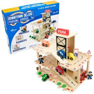 Imagination Generation Downtown Deluxe Wooden Parking Garage Ramp & Service Station Playset with Elevator, Signs & Accessories for Mini Toy Cars (19 pcs)