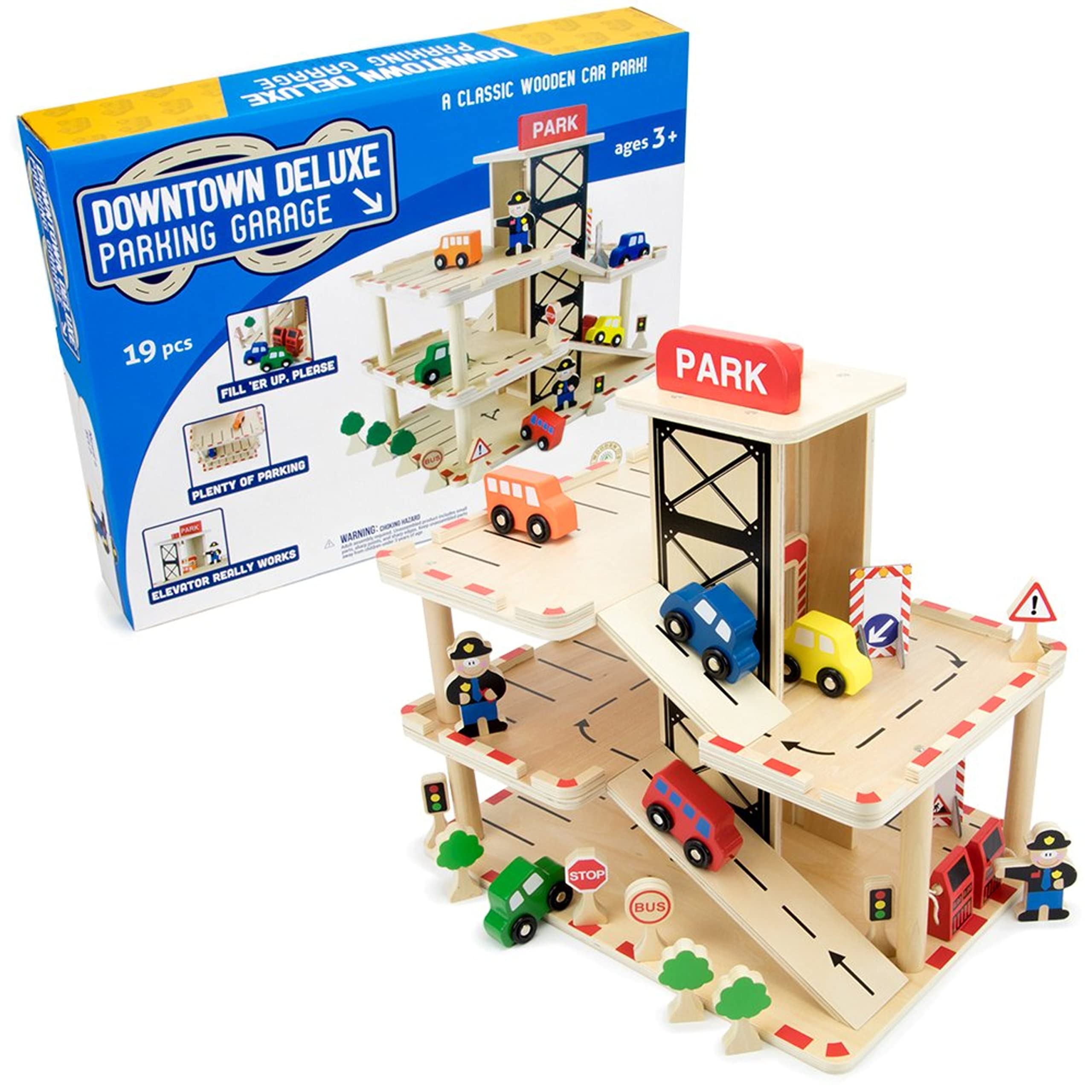 Imagination Generation Downtown Deluxe Wooden Parking Garage Ramp & Service Station Playset with Elevator, Signs & Accessories for Mini Toy Cars (19 pcs)