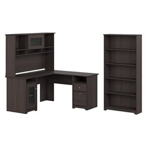 bush furniture cabot 60w l shaped computer desk with hutch and 5 shelf bookcase in heather gray