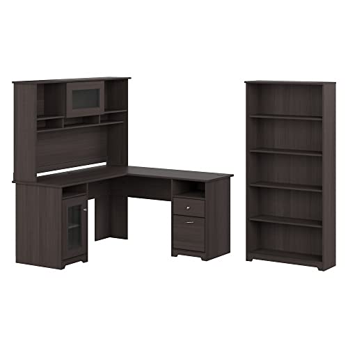 Bush Furniture Cabot 60W L Shaped Computer Desk with Hutch and 5 Shelf Bookcase in Heather Gray