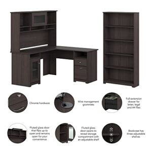 Bush Furniture Cabot 60W L Shaped Computer Desk with Hutch and 5 Shelf Bookcase in Heather Gray