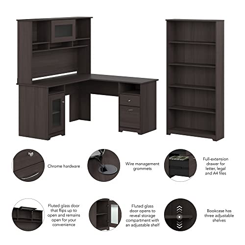 Bush Furniture Cabot 60W L Shaped Computer Desk with Hutch and 5 Shelf Bookcase in Heather Gray