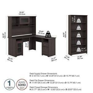 Bush Furniture Cabot 60W L Shaped Computer Desk with Hutch and 5 Shelf Bookcase in Heather Gray