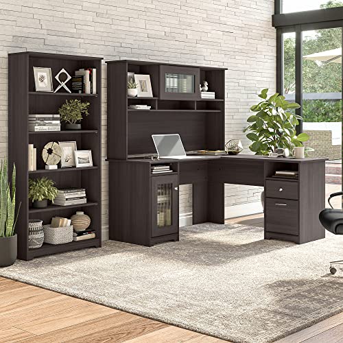 Bush Furniture Cabot 60W L Shaped Computer Desk with Hutch and 5 Shelf Bookcase in Heather Gray