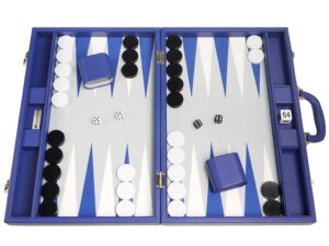 19-inch premium backgammon set - large size - indigo blue board, white and navy blue points