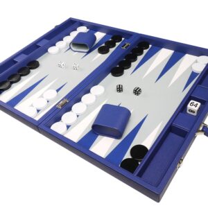 19-inch Premium Backgammon Set - Large Size - Indigo Blue Board, White and Navy Blue Points