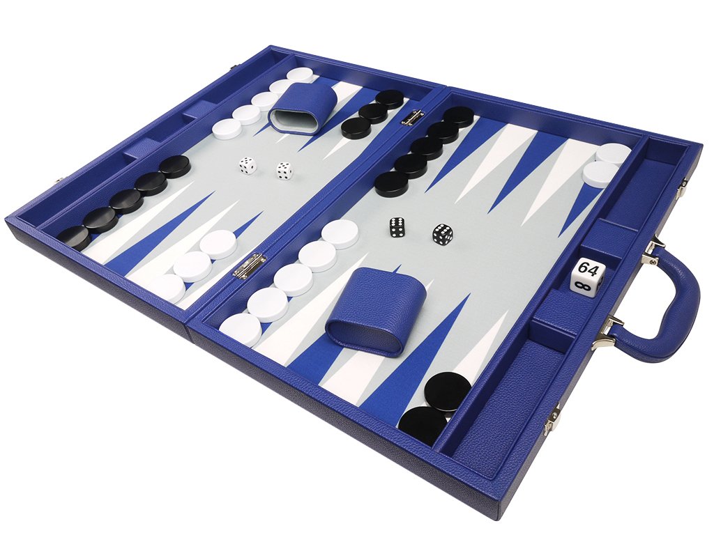 19-inch Premium Backgammon Set - Large Size - Indigo Blue Board, White and Navy Blue Points