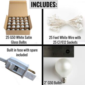 Hometown Evolution, Inc. 25 Foot G50 White Pearl Wedding String Lights with White Wire and G50 2 Inch 7 Watt Globe Bulbs for Parties, Patios, Backyards, Tents and More