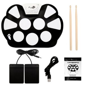 artempo portable roll up drum electronic drum pad with drum sticks – foldable, usb midi connection, record function