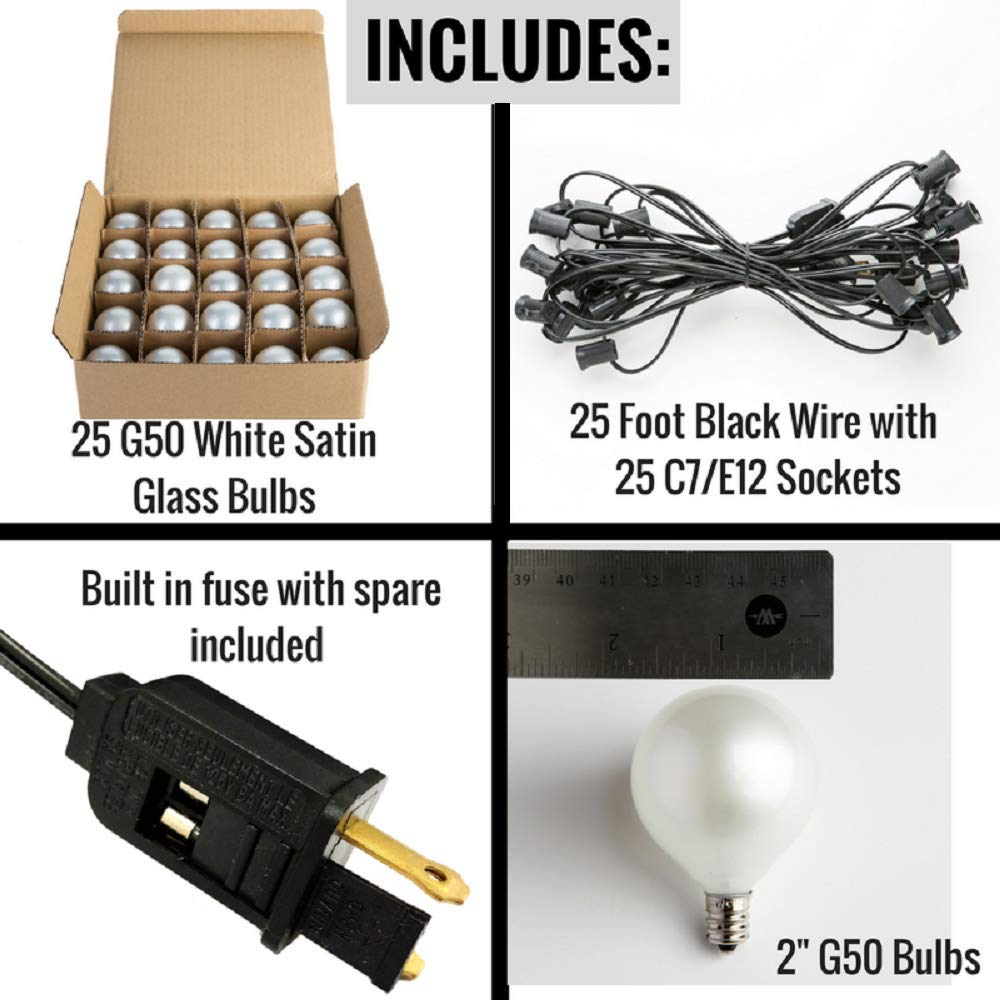 Hometown Evolution, Inc. White Pearl Outdoor Patio Globe String Lights (25 Foot, G50 White Pearl 2" Bulbs +1 Free Spare - Black Wire)