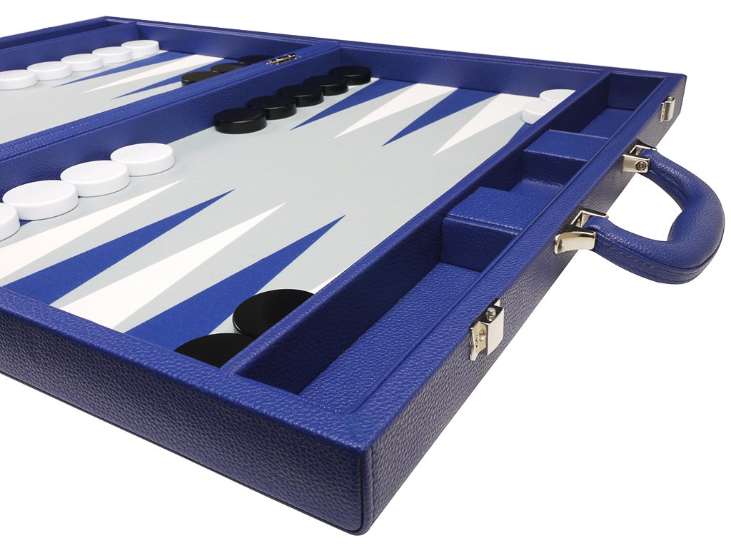 19-inch Premium Backgammon Set - Large Size - Indigo Blue Board, White and Navy Blue Points