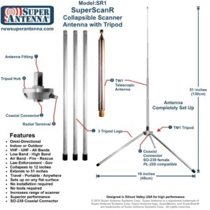 Scanner SDR Antenna Tripod Portable Collapsible by Super Antenna SR1 UHF VHF broadband