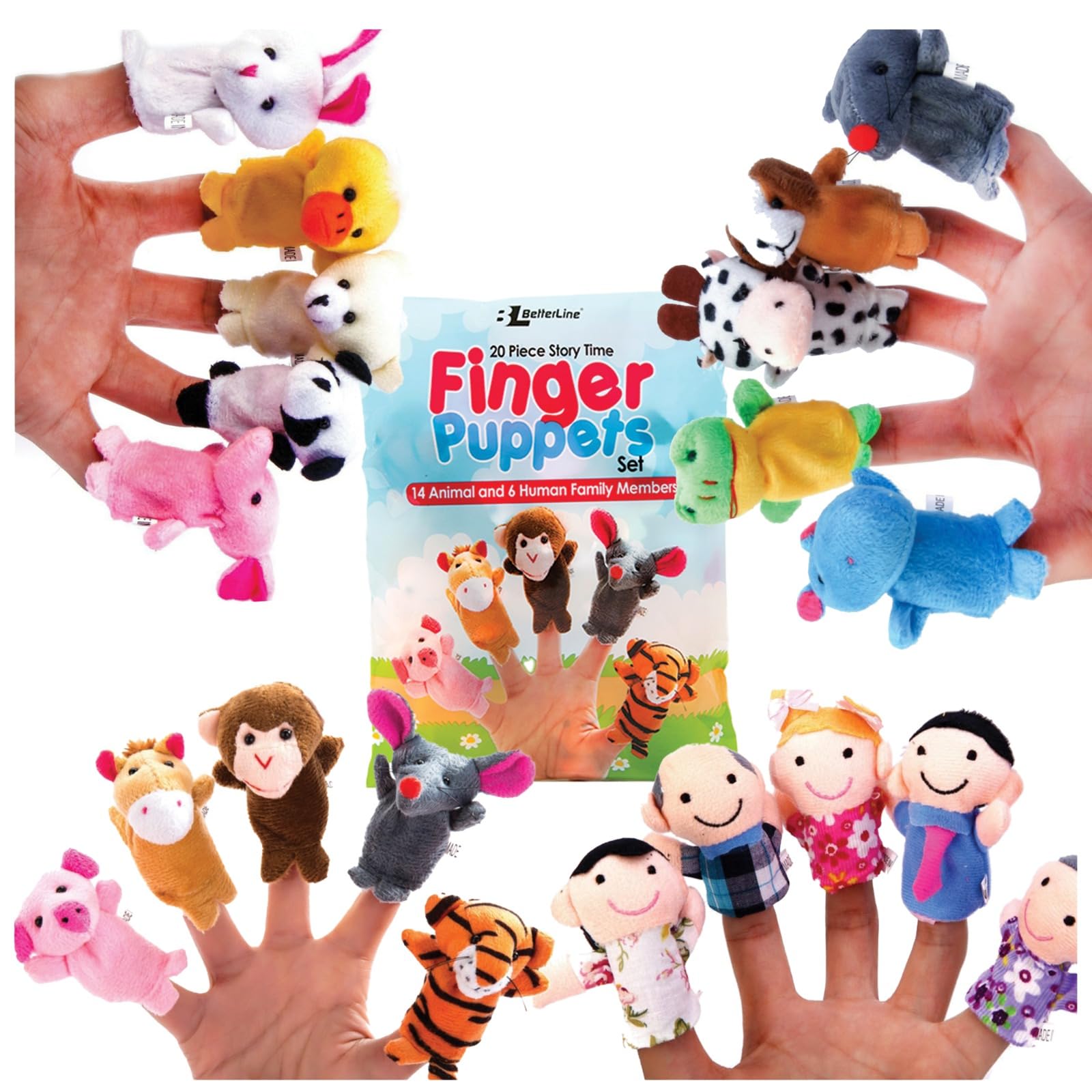 20-Piece Story Time Finger Puppets Set - Cloth Velvet Puppets - 14 Animals and 6 People Family Members