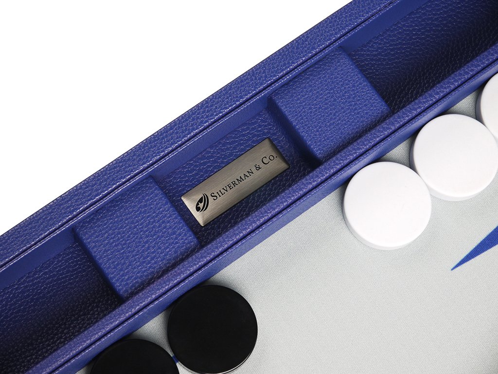 19-inch Premium Backgammon Set - Large Size - Indigo Blue Board, White and Navy Blue Points