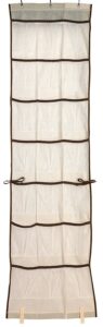 over the door organizer - 42 pockets - the beige fabric with brown trim is an attractive over door storage addition to any room. three over the door hooks are included so there’s no assembly required