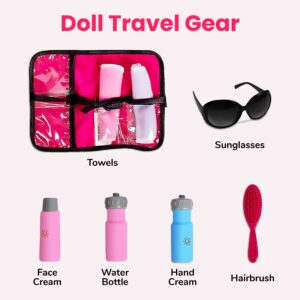 Beverly Hills Doll Collection 18 Inch Doll Accessories Play Travel Set - 16 Pcs Suitcase Luggage Carrier with Sunglasses, Passport, Tickets, Camera, and More, Doll Not Included