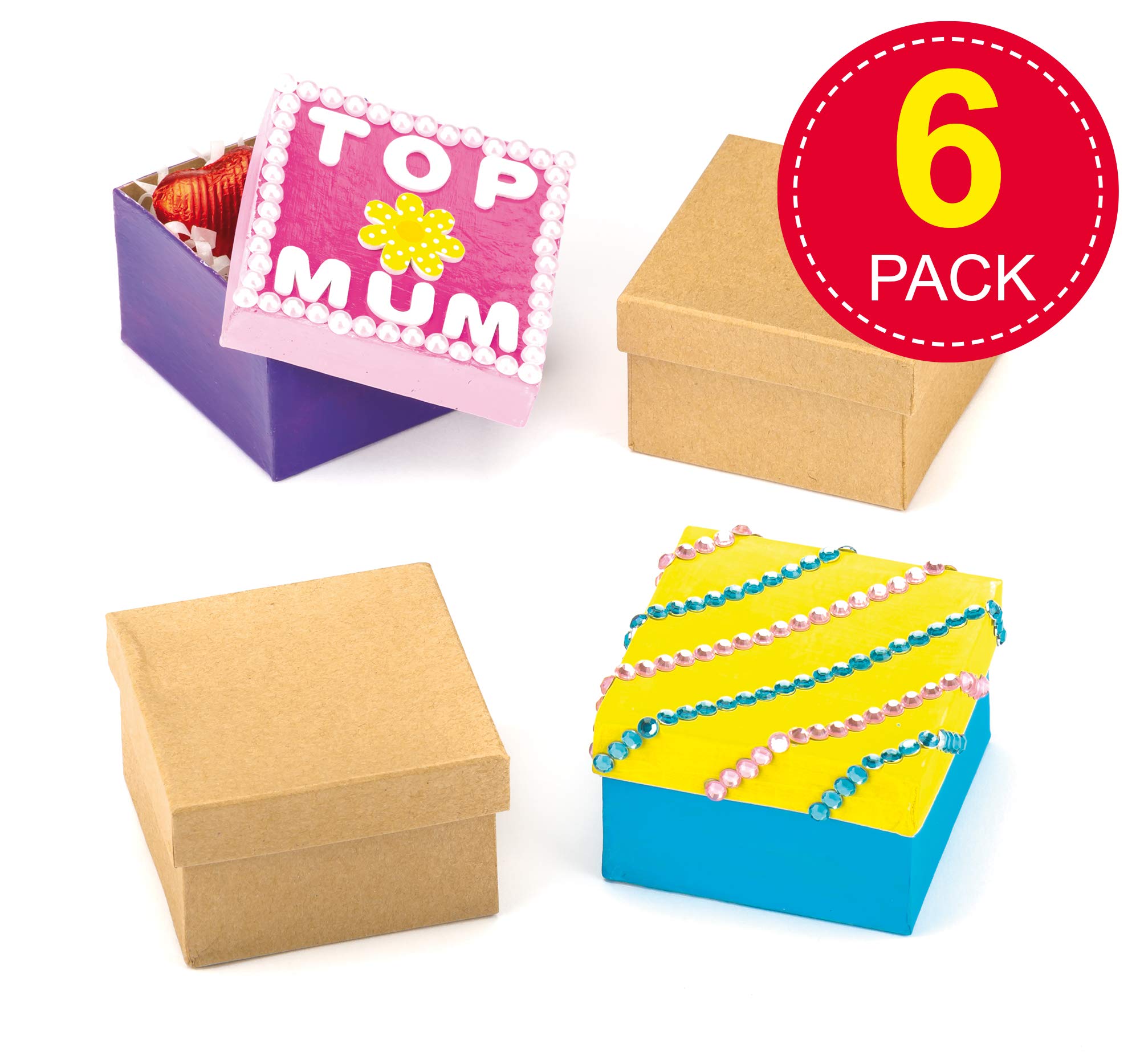 Baker Ross Box, for Kids to Paint, Decorate and Personalise for Arts and Crafts Activities (Pack of 6), 75mm x 75mm, Brown