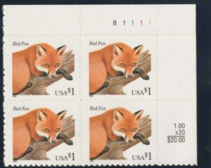 red fox mint plate number block of 4 - 1 dollar postage stamps scott 3036