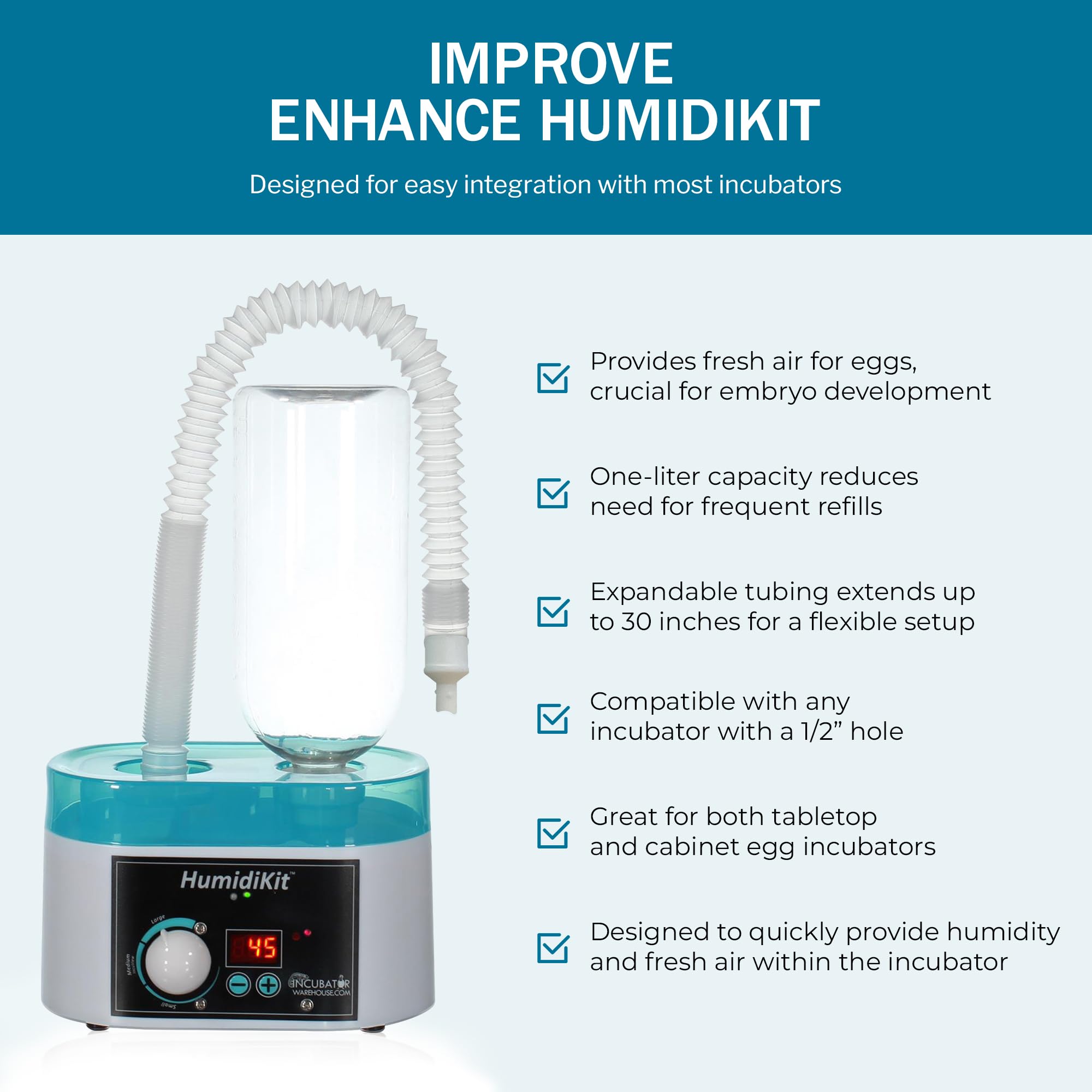 Incubator Warehouse HumidiKit™ with Digital Hygrostat - Auto Humidifier with 1L Water Bottle - Humidity Controller for All Types of Eggs - Automatic Humidity System Compatible with Most Incubators