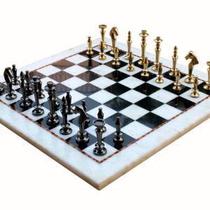 StonKraft Collectible White & Black Marble Chess Board Set + Brass Chess Pieces Pawns - Decorative Stone Chess - Home Décor - 15" Inches