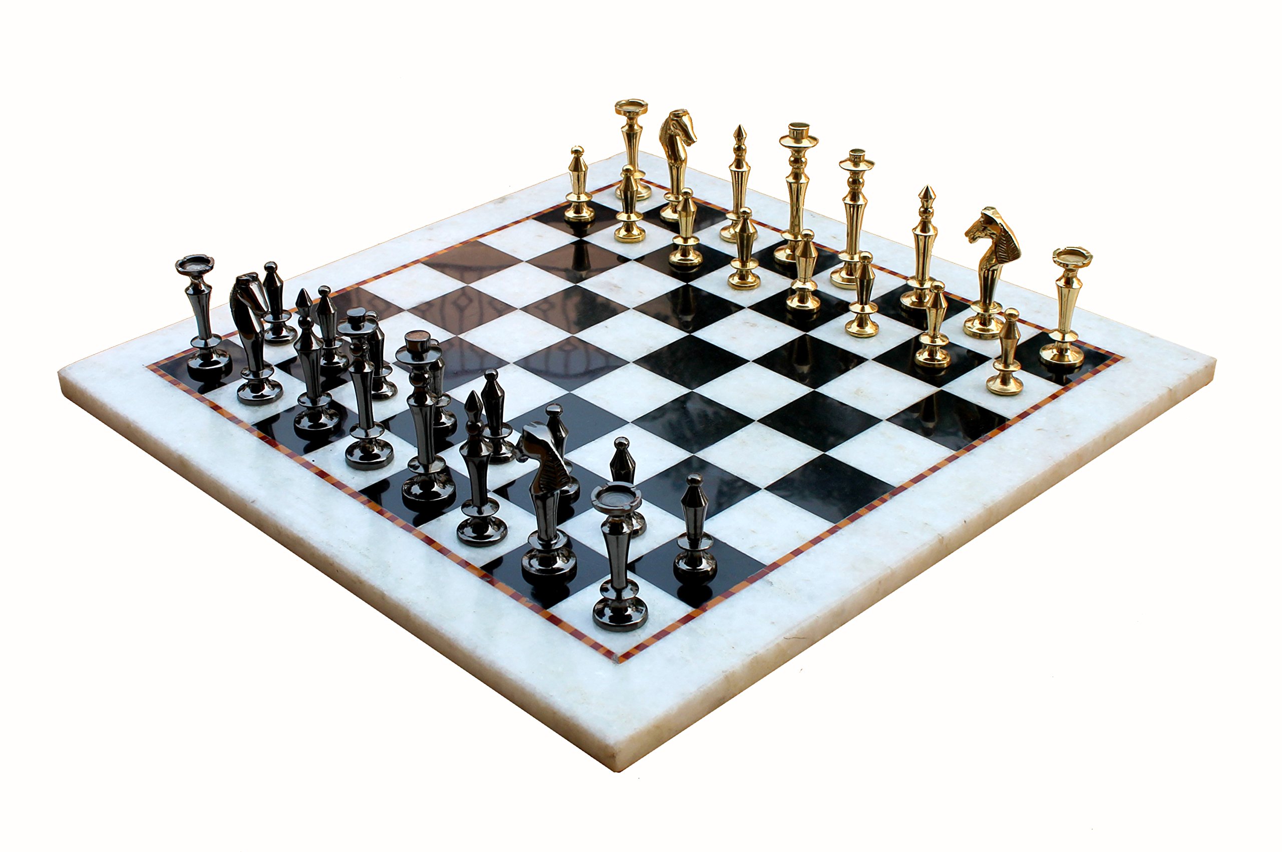 StonKraft Collectible White & Black Marble Chess Board Set + Brass Chess Pieces Pawns - Decorative Stone Chess - Home Décor - 15" Inches