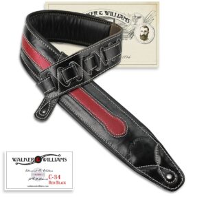 walker & williams c-34 handmade red and black premium signature grain leather padded strap 3 1/4" wide for acoustic, electric, and bass guitars