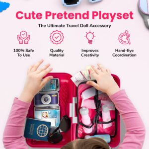 Beverly Hills Doll Collection 18 Inch Doll Accessories Play Travel Set - 16 Pcs Suitcase Luggage Carrier with Sunglasses, Passport, Tickets, Camera, and More, Doll Not Included