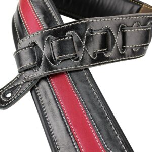 Walker & Williams C-34 Handmade Red and Black Premium Signature Grain Leather Padded Strap 3 1/4" Wide For Acoustic, Electric, And Bass Guitars