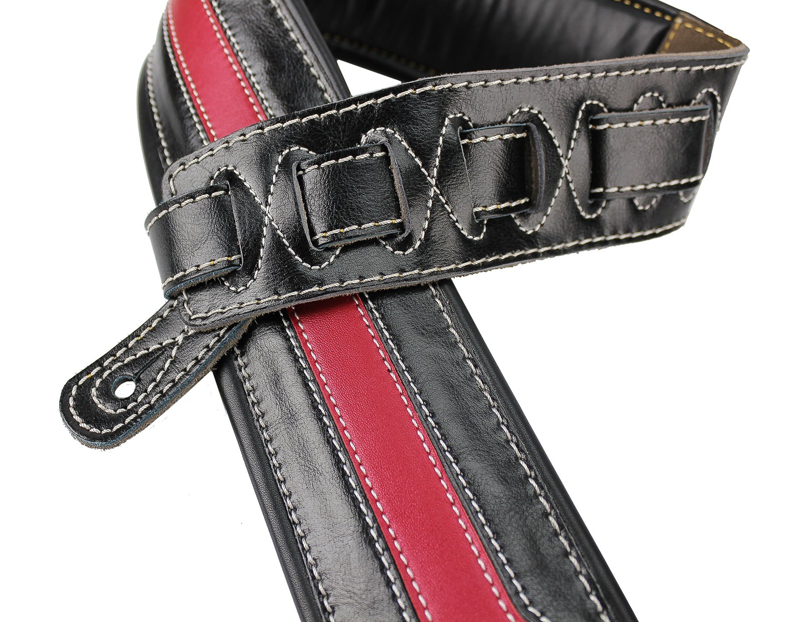 Walker & Williams C-34 Handmade Red and Black Premium Signature Grain Leather Padded Strap 3 1/4" Wide For Acoustic, Electric, And Bass Guitars