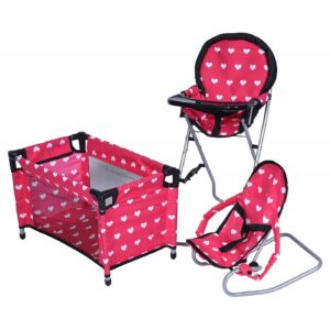 the new york doll collection dolls mega play set with dolls high chair, 3-1 doll bouncer and pack n play pink for 18-inch dolls