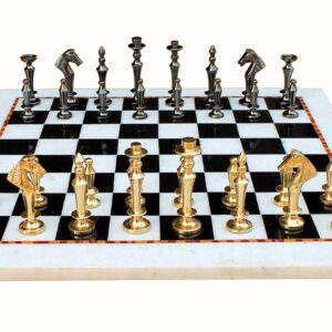 StonKraft Collectible White & Black Marble Chess Board Set + Brass Chess Pieces Pawns - Decorative Stone Chess - Home Décor - 15" Inches