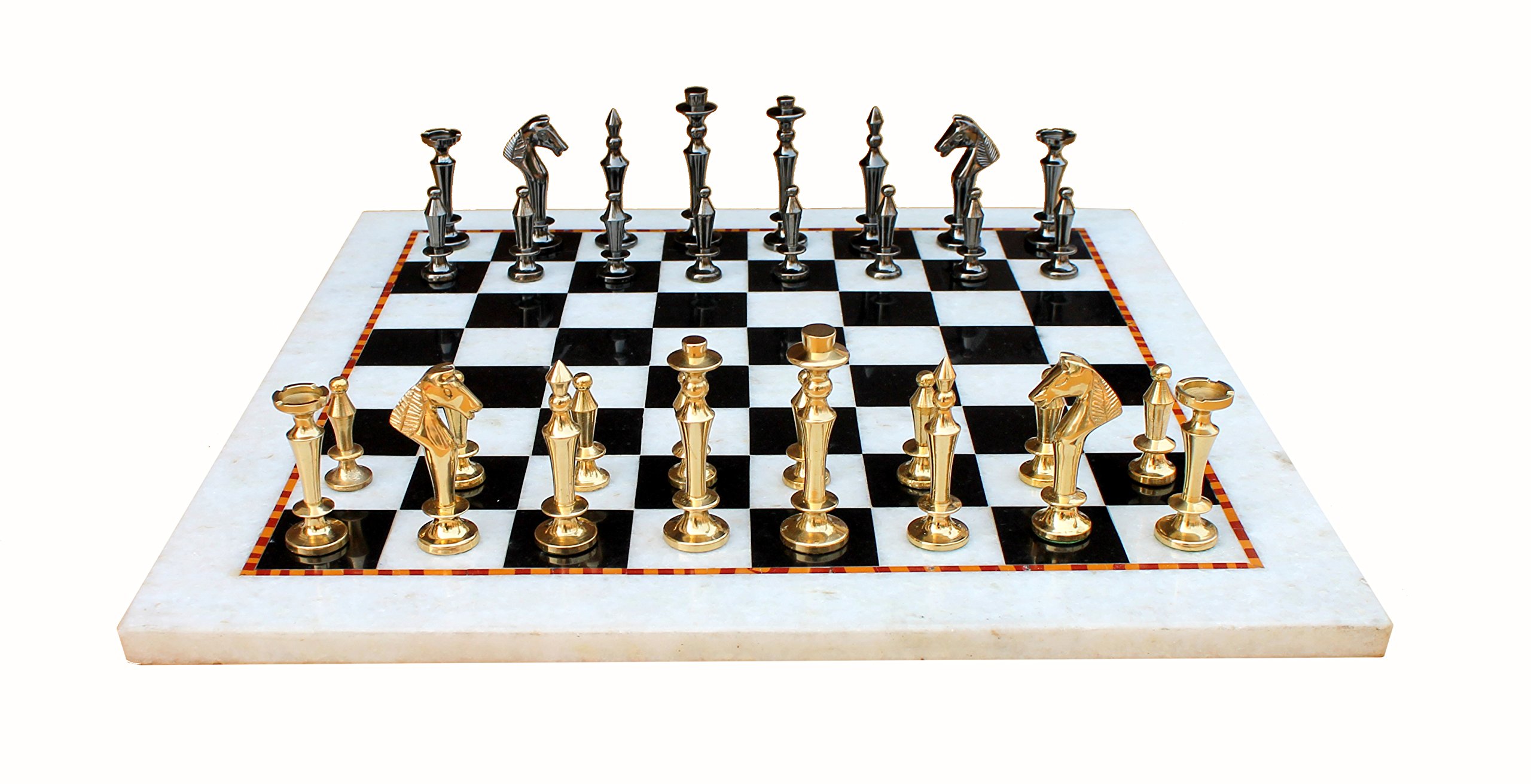 StonKraft Collectible White & Black Marble Chess Board Set + Brass Chess Pieces Pawns - Decorative Stone Chess - Home Décor - 15" Inches