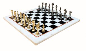 stonkraft collectible white & black marble chess board set + brass chess pieces pawns - decorative stone chess - home décor - 15" inches