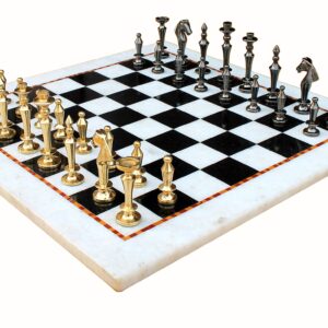 StonKraft Collectible White & Black Marble Chess Board Set + Brass Chess Pieces Pawns - Decorative Stone Chess - Home Décor - 15" Inches