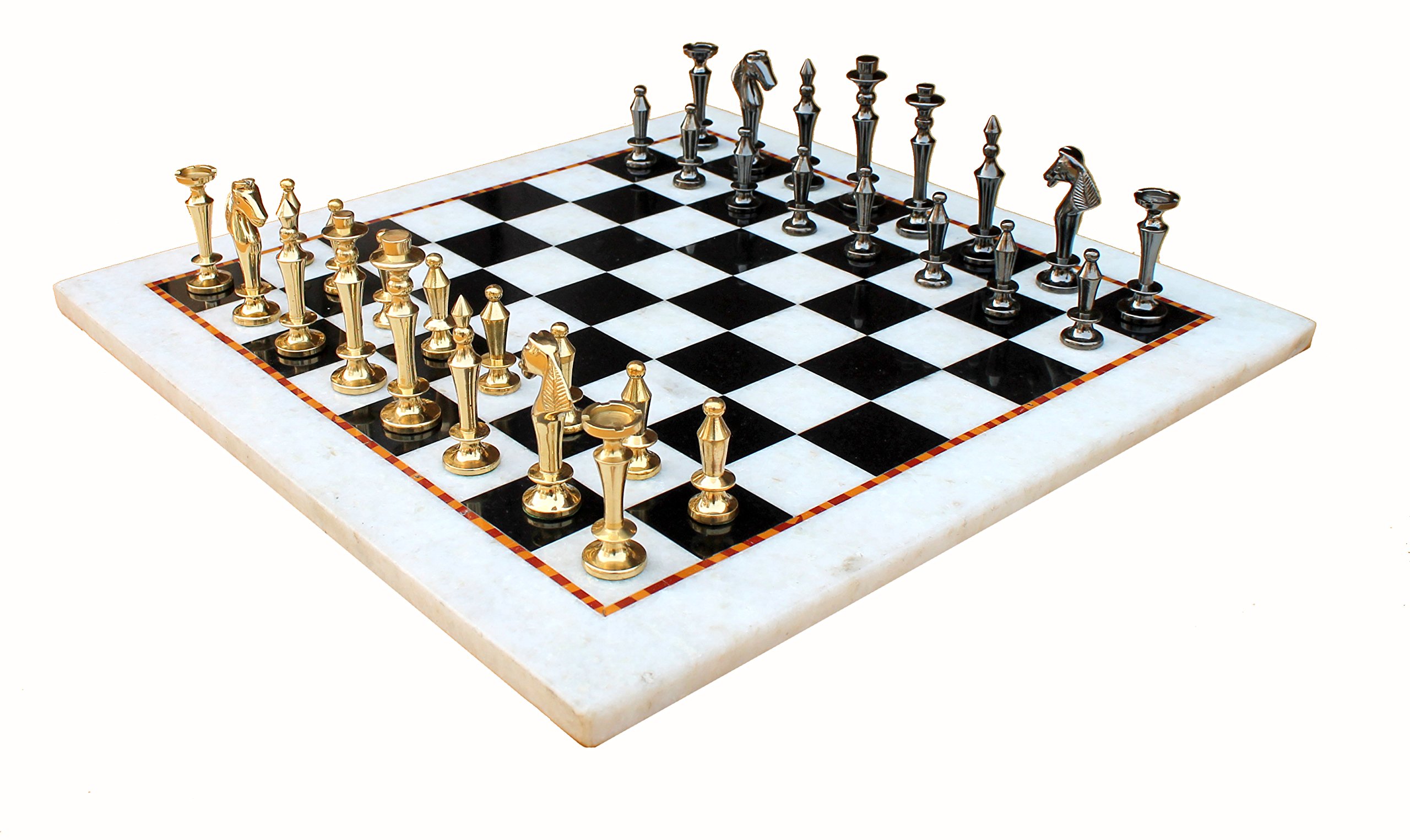 StonKraft Collectible White & Black Marble Chess Board Set + Brass Chess Pieces Pawns - Decorative Stone Chess - Home Décor - 15" Inches