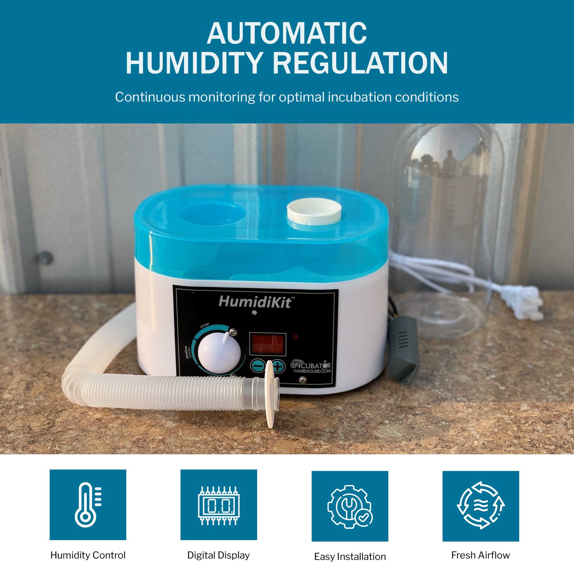 Incubator Warehouse HumidiKit™ with Digital Hygrostat - Auto Humidifier with 1L Water Bottle - Humidity Controller for All Types of Eggs - Automatic Humidity System Compatible with Most Incubators