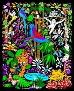 stuff2color rainforest velvet coloring poster - with frogs, monkeys, birds and tiger - for kids, toddlers, girls, boys and adults (arrives uncolored) - excellent arts and craft activity for all ages