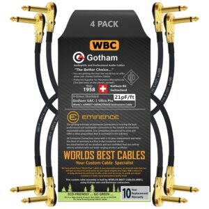 worlds best cables 4 units - 15 inch - gotham gac-1 ultra pro - low-cap (21pf/ft) guitar bass effects instrument, patch cable & gold (6.35mm) low-profile r/a pancake type connectors - custom made