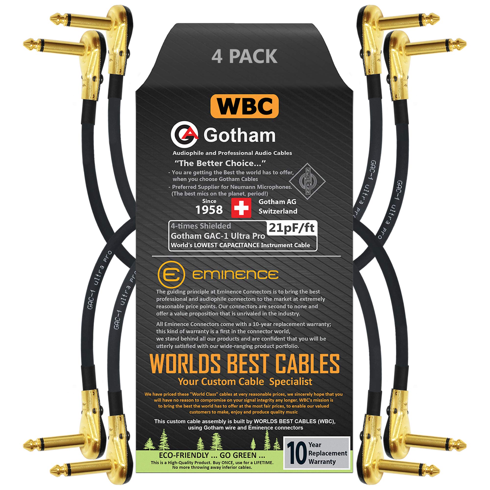 WORLDS BEST CABLES 4 Units - 15 Inch - Gotham GAC-1 Ultra Pro - Low-Cap (21pF/ft) Guitar Bass Effects Instrument, Patch Cable & Gold (6.35mm) Low-Profile R/A Pancake Type Connectors - Custom Made