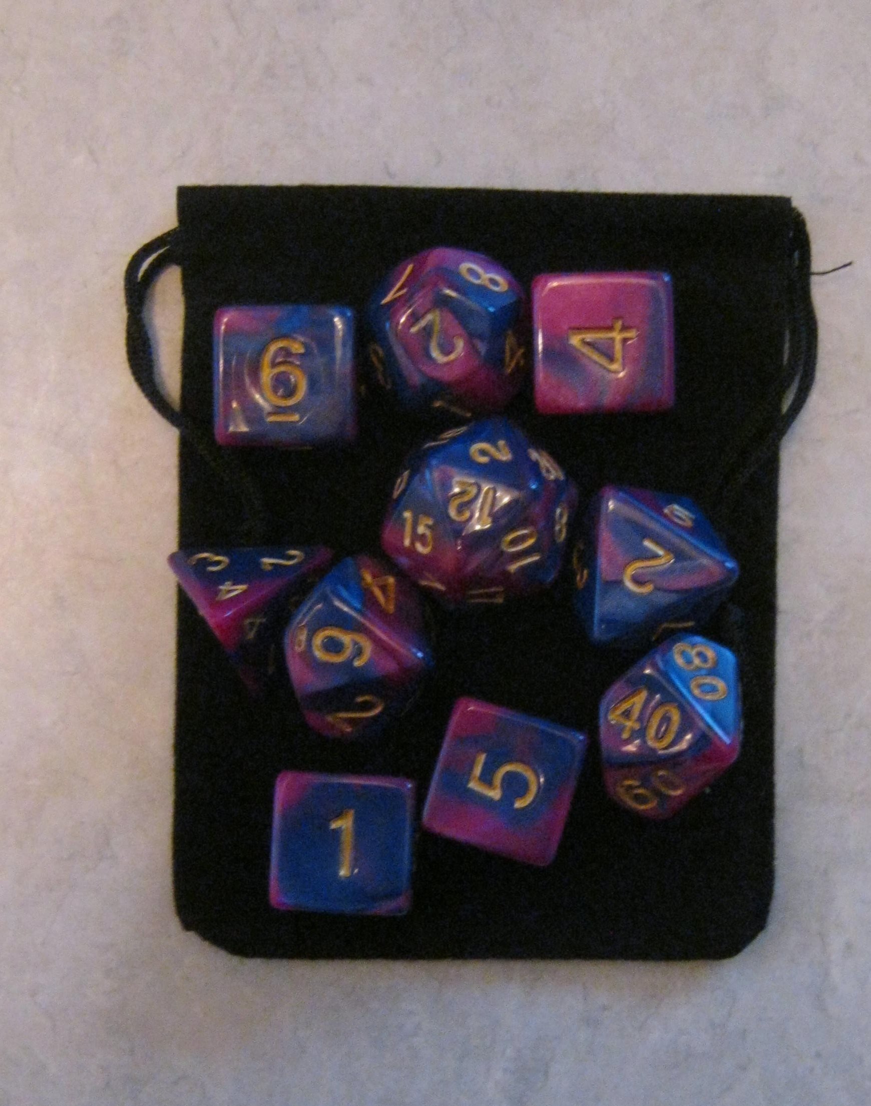 Cosmic (Purple / Blue) RPG D&D Dice Set: 7 + 3d6 = 10 polyhedral die plus bag!