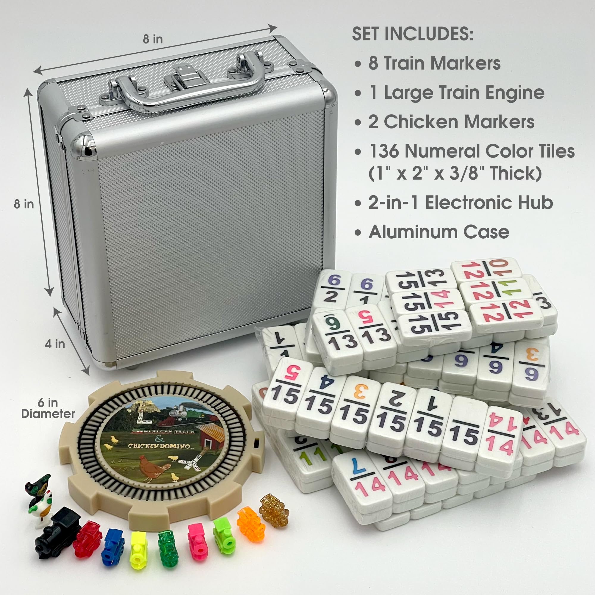 Double 15 Numeral Pro Size Mexican Train & Chicken Domino Set in Aluminum Case